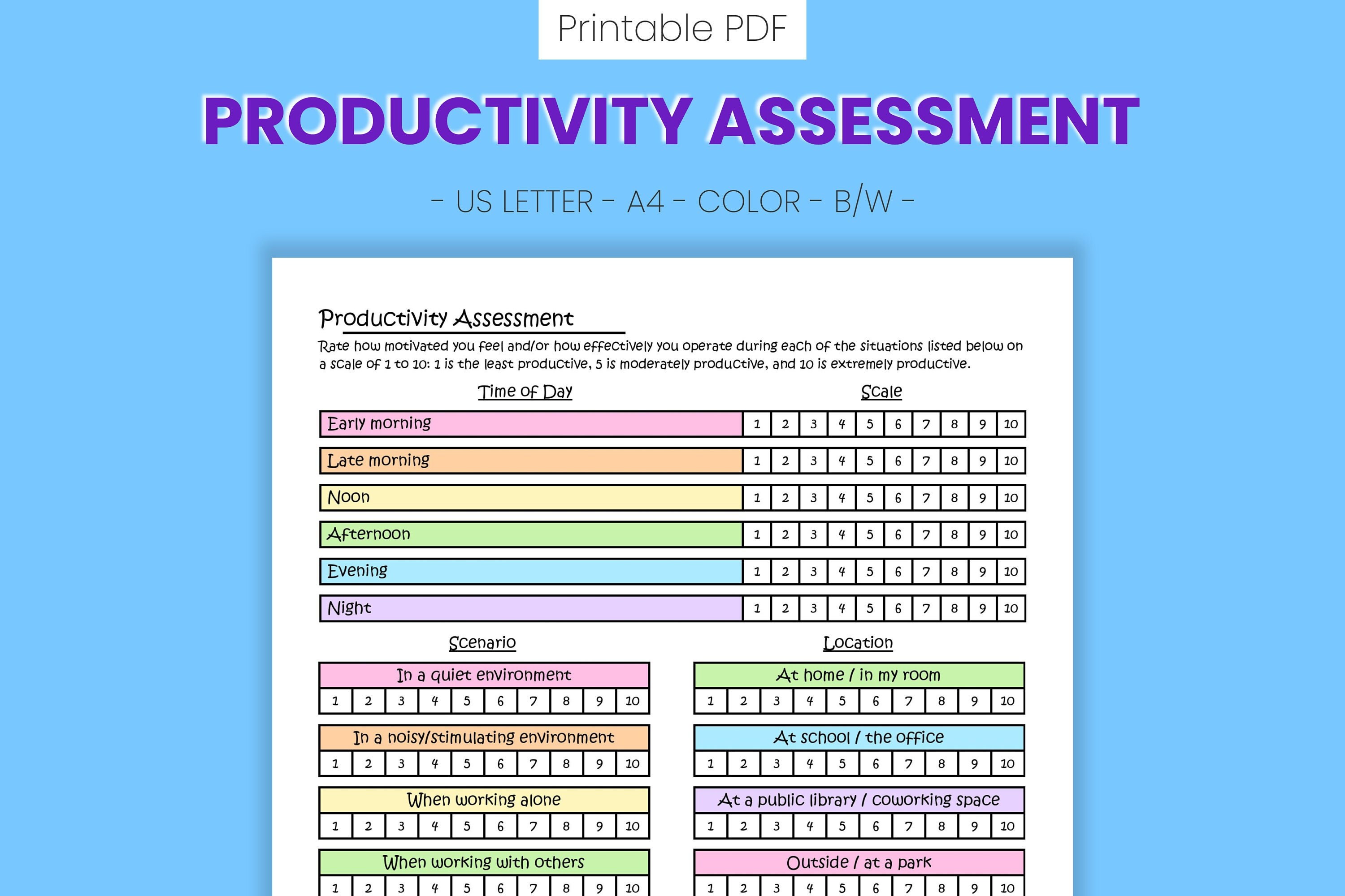 Productivity Self Assessment Printable Worksheet ADHD - Etsy
