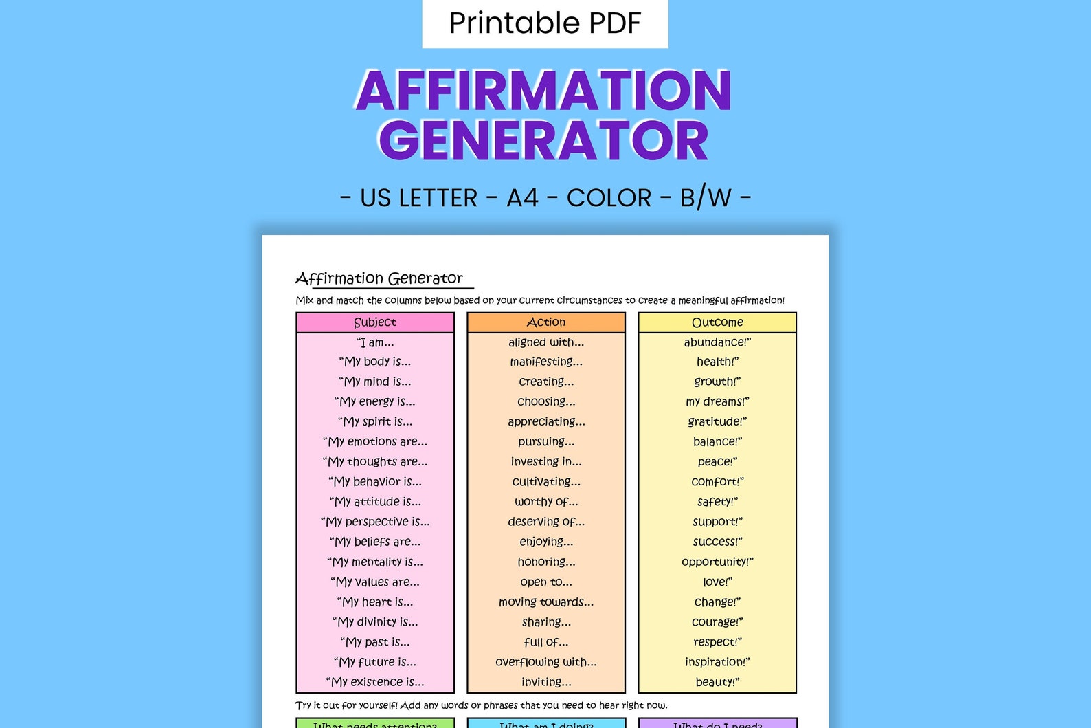 Affirmation Generator Printable Worksheet Positive i Am Statements ...
