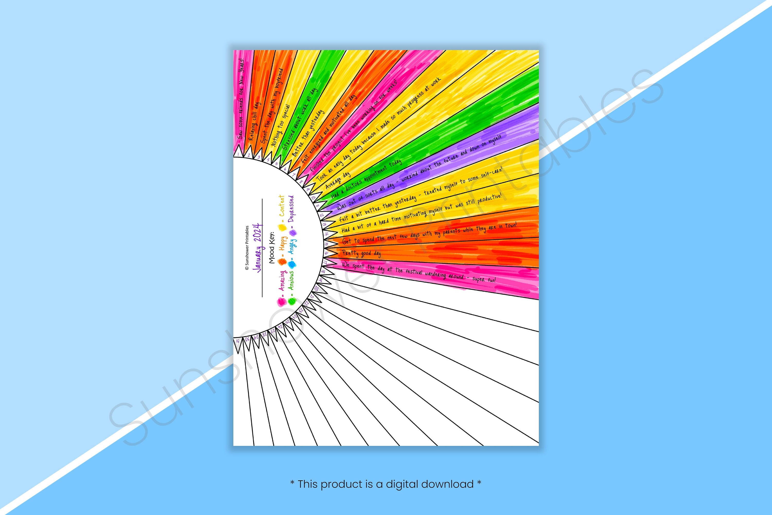 Sunburst Printable Mood Tracker Monthly Pixel Journal, Daily Emotional ...