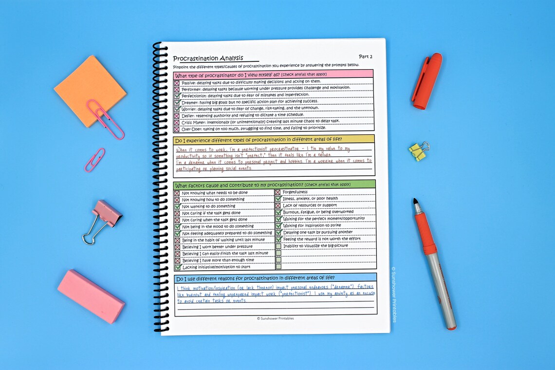 Procrastination Analysis Printable Worksheets ADHD Behavior - Etsy