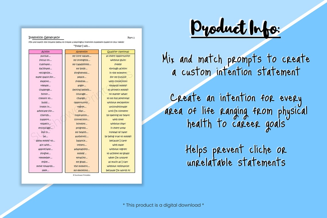 Intention Generator Printable Worksheet Intention Statement Setting ...