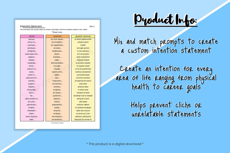 Intention Generator Printable Worksheet Intention Statement Setting ...
