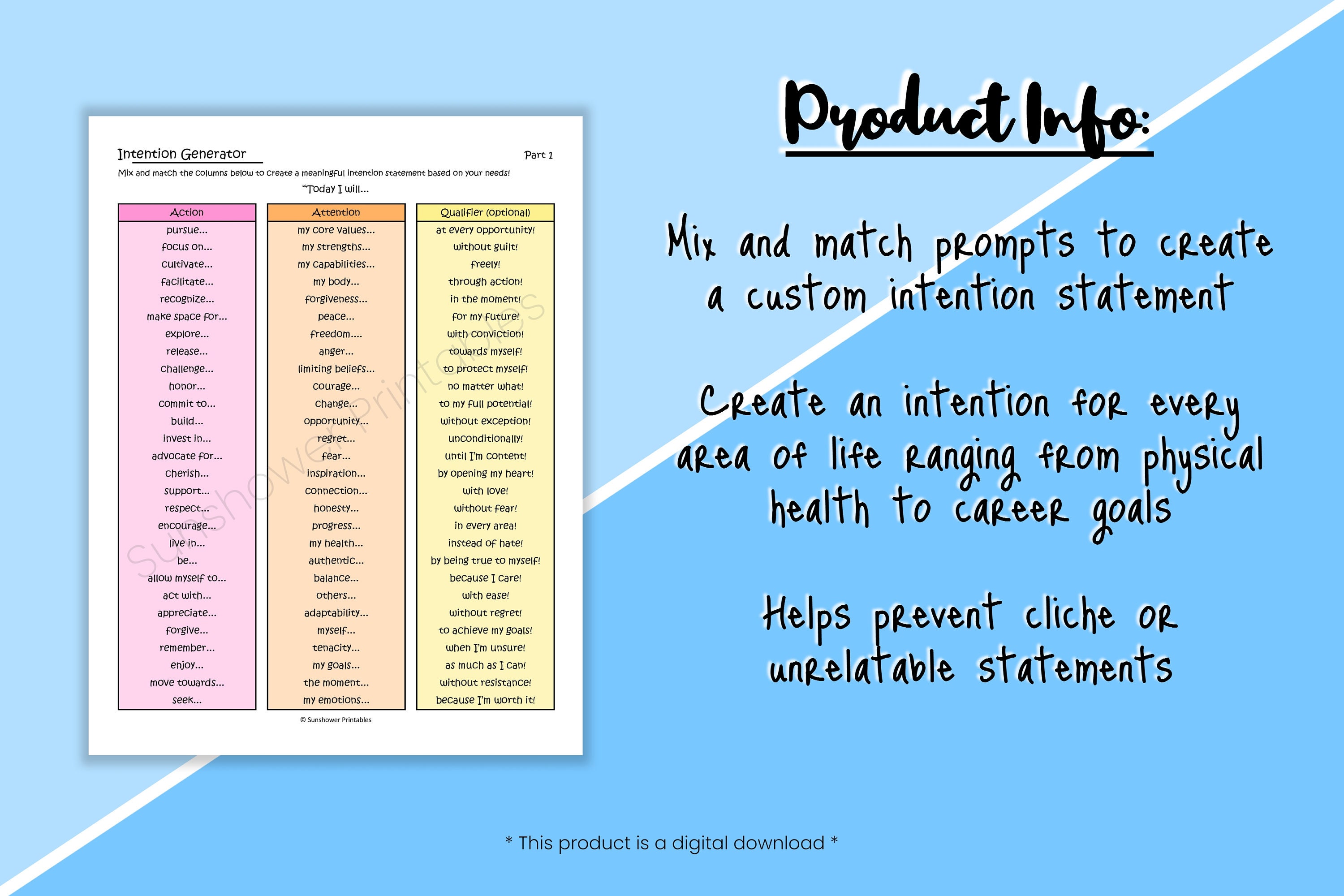 Intention Generator Printable Worksheet Intention Statement Setting ...