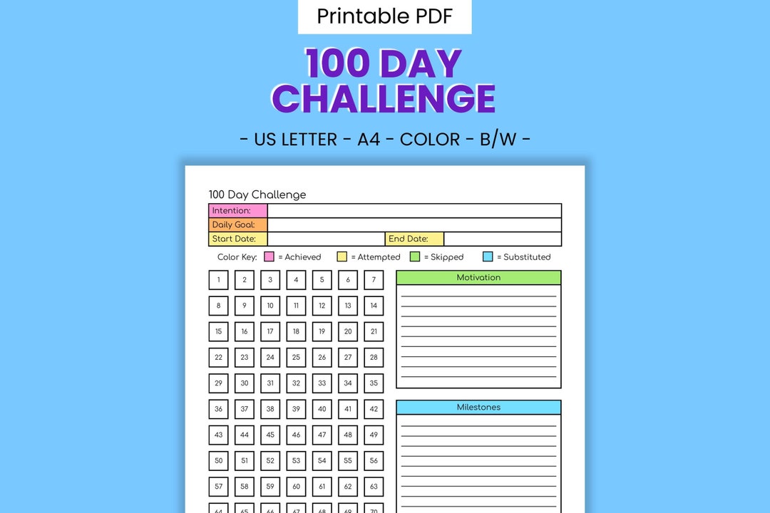 100 Day Challenge Printable Worksheet - Daily Goal Tracker, Habit ...