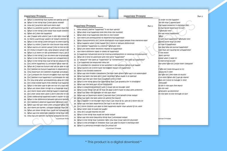 Happiness Journal Writing Prompts 100 Printable Questions - Etsy