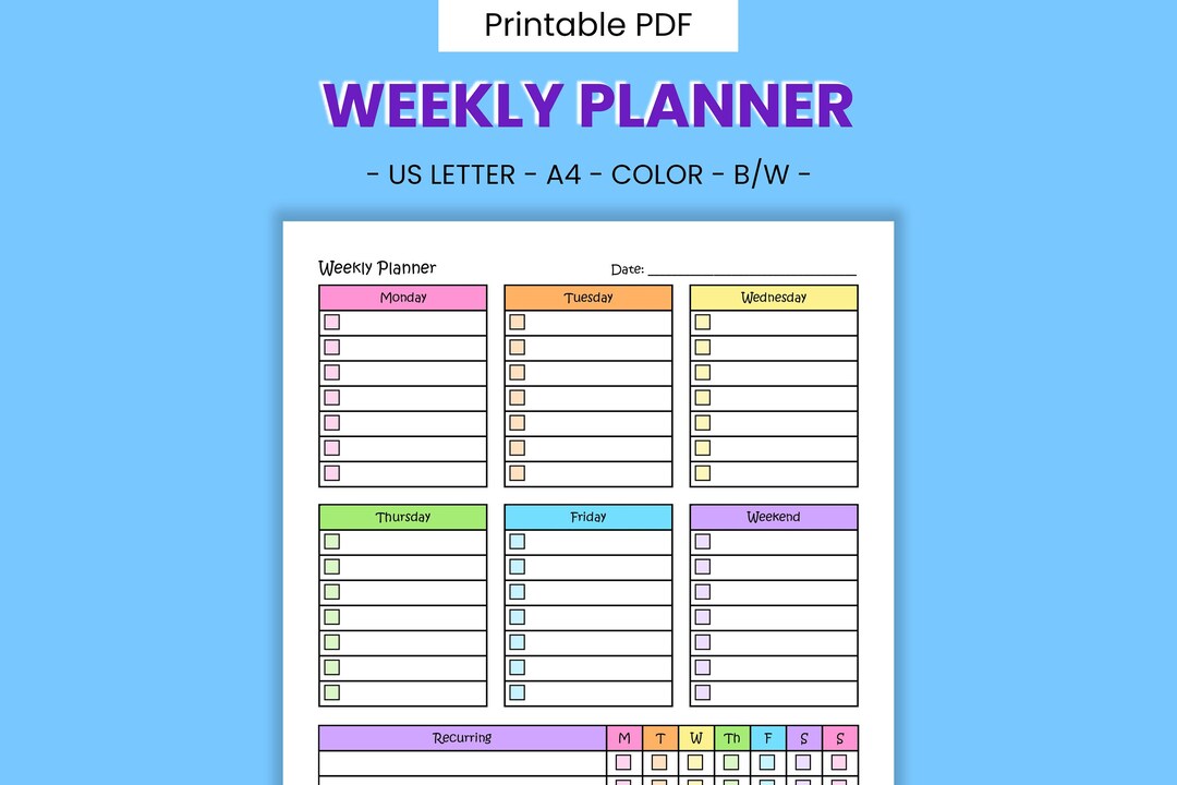 Weekly Task Planner Printable Page To-do List, Daily Schedule, Agenda ...