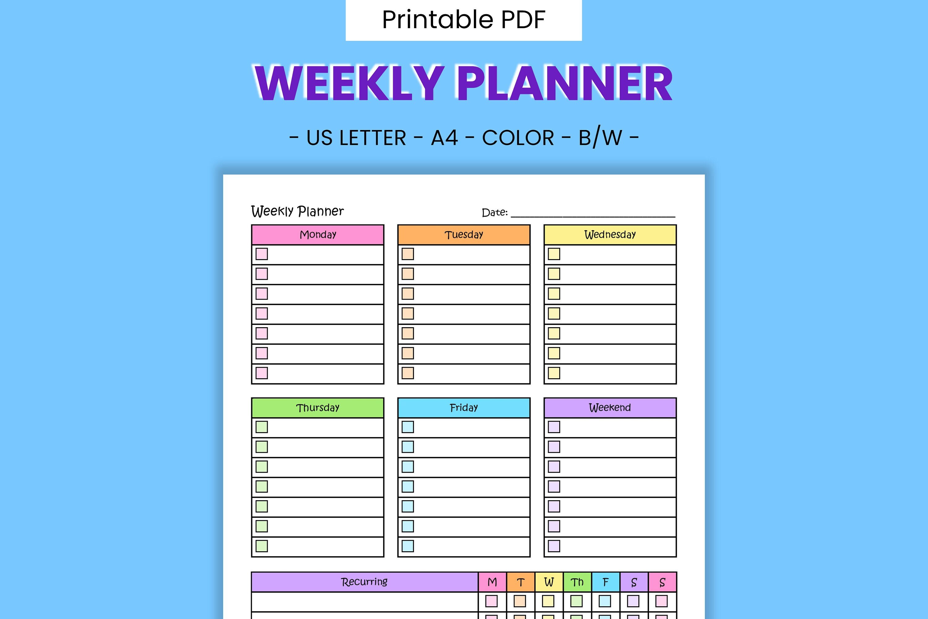 Weekly Task Planner Printable Page To-do List, Daily Schedule, Agenda ...