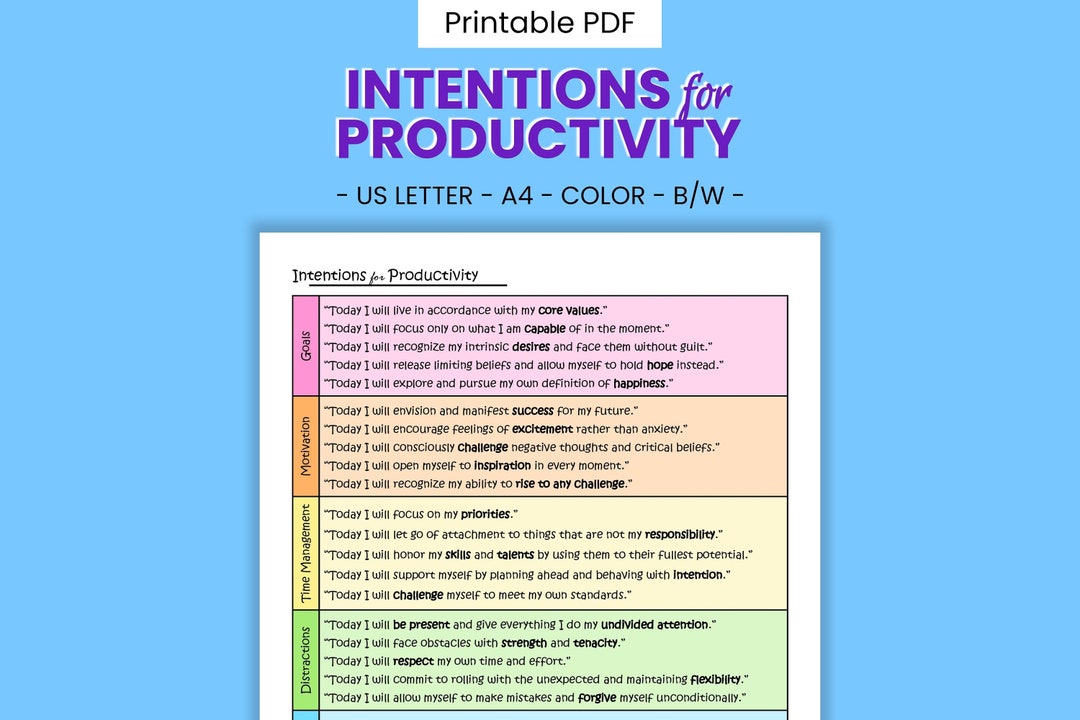 List of Productivity Intention Statements - Printable Goal Inspiration ...