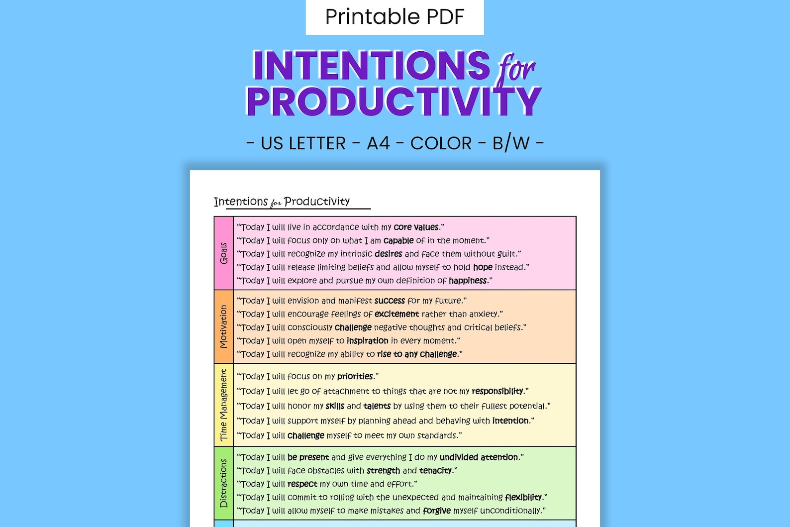List of Productivity Intention Statements Printable Goal Inspiration ...