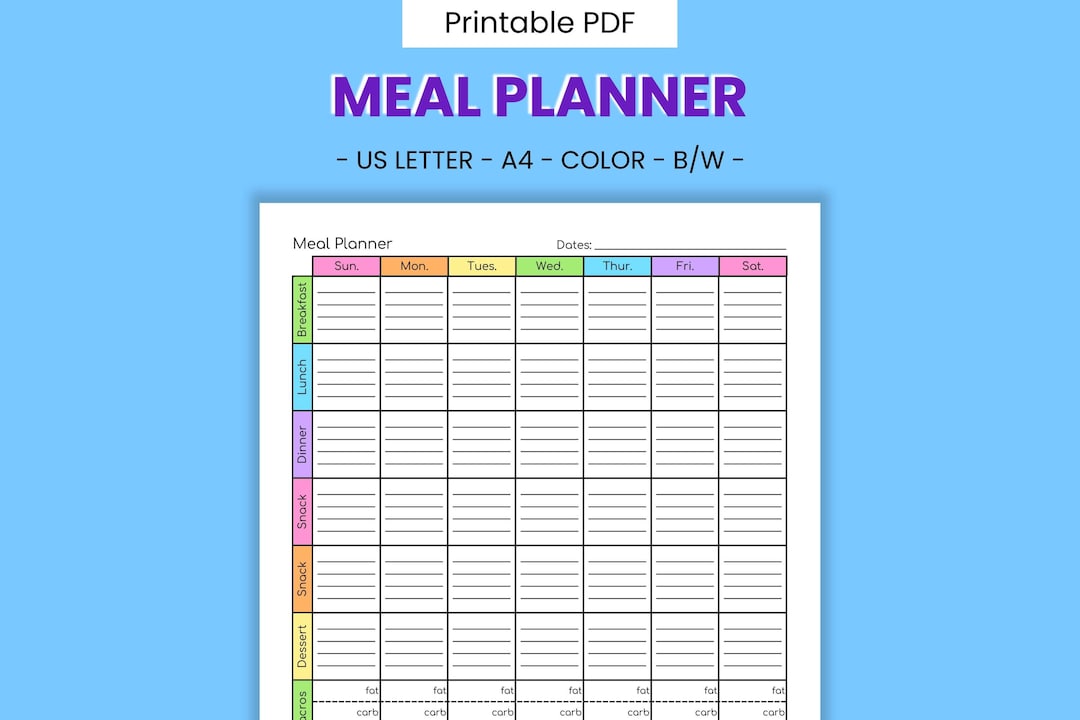 Meal Planner Printable Worksheet - Nutrition Diet Tracker, Food Journal ...