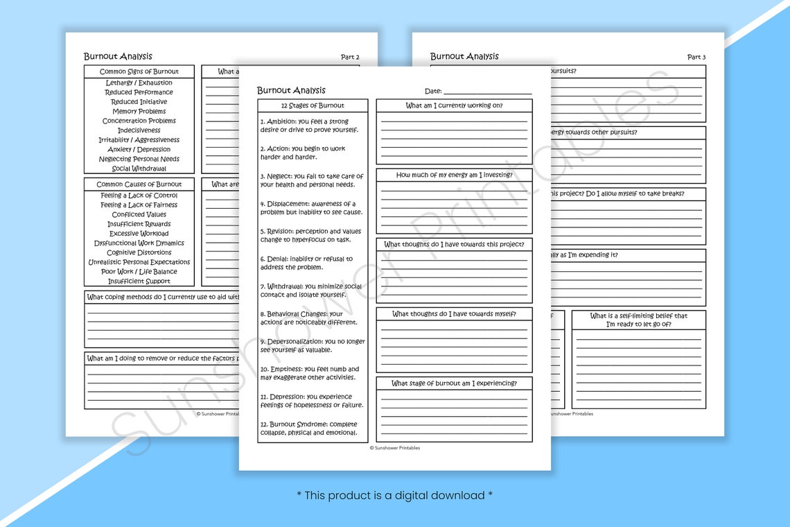 Burnout Analysis Self-help Worksheets Printable Therapy - Etsy