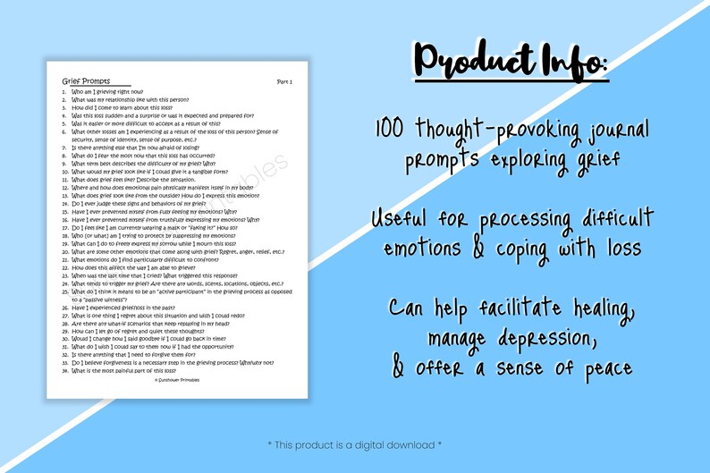 Grief Journal Writing Prompts 100 Printable Questions - Etsy