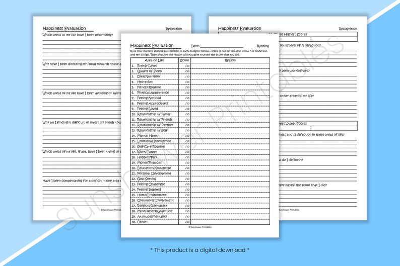 Happiness Evaluation Printable Therapy Worksheets Depression Self Help ...