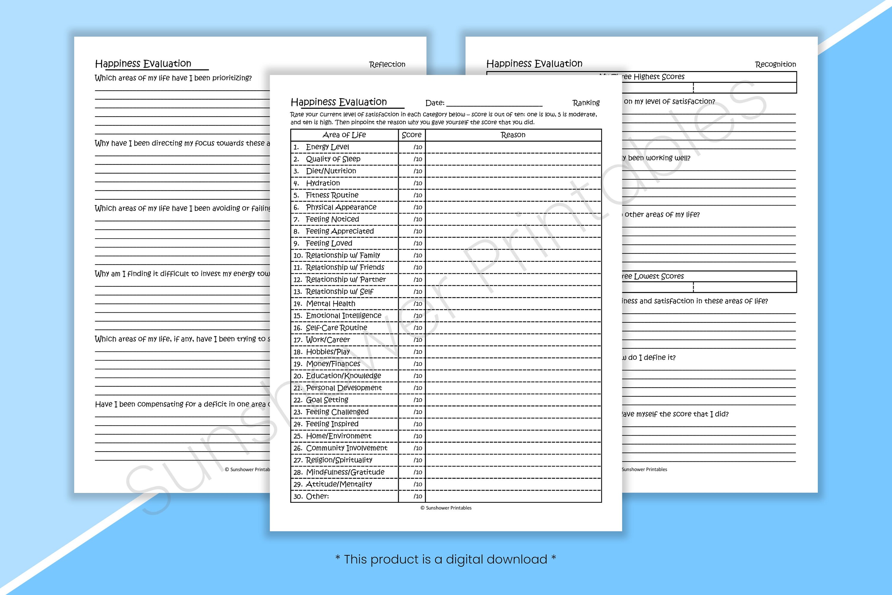 Happiness Evaluation Printable Therapy Worksheets Depression Self Help ...