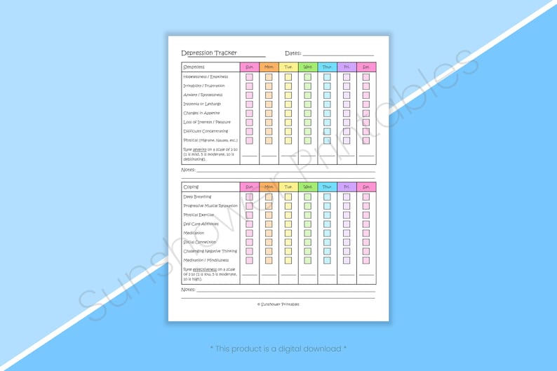 Depression Tracker Printable Weekly Chart - Mental Health Log, Daily ...