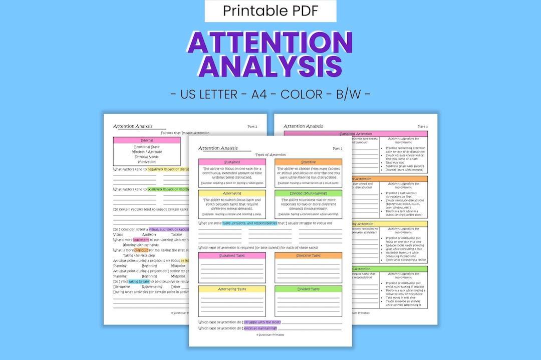 Attention Analysis Printable Focus Worksheets - Productivity Evaluation, Self-betterment Prompts ...