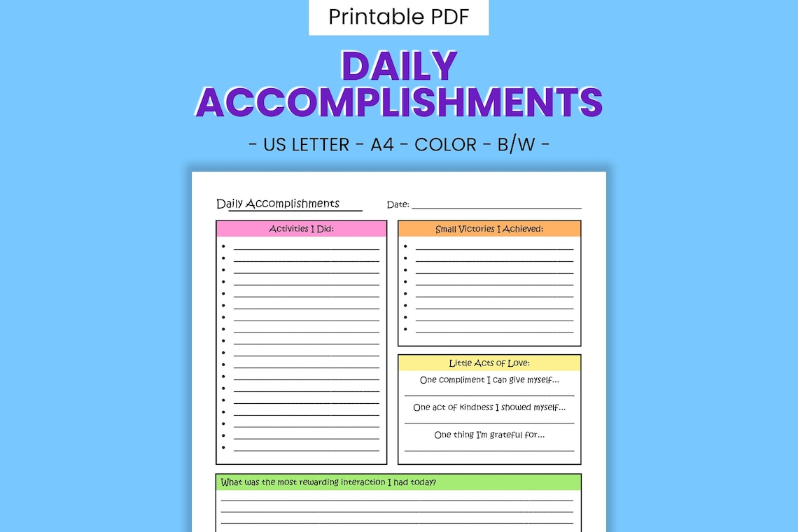 Daily Accomplishments Printable Journal Page Gratitude Reflections ...
