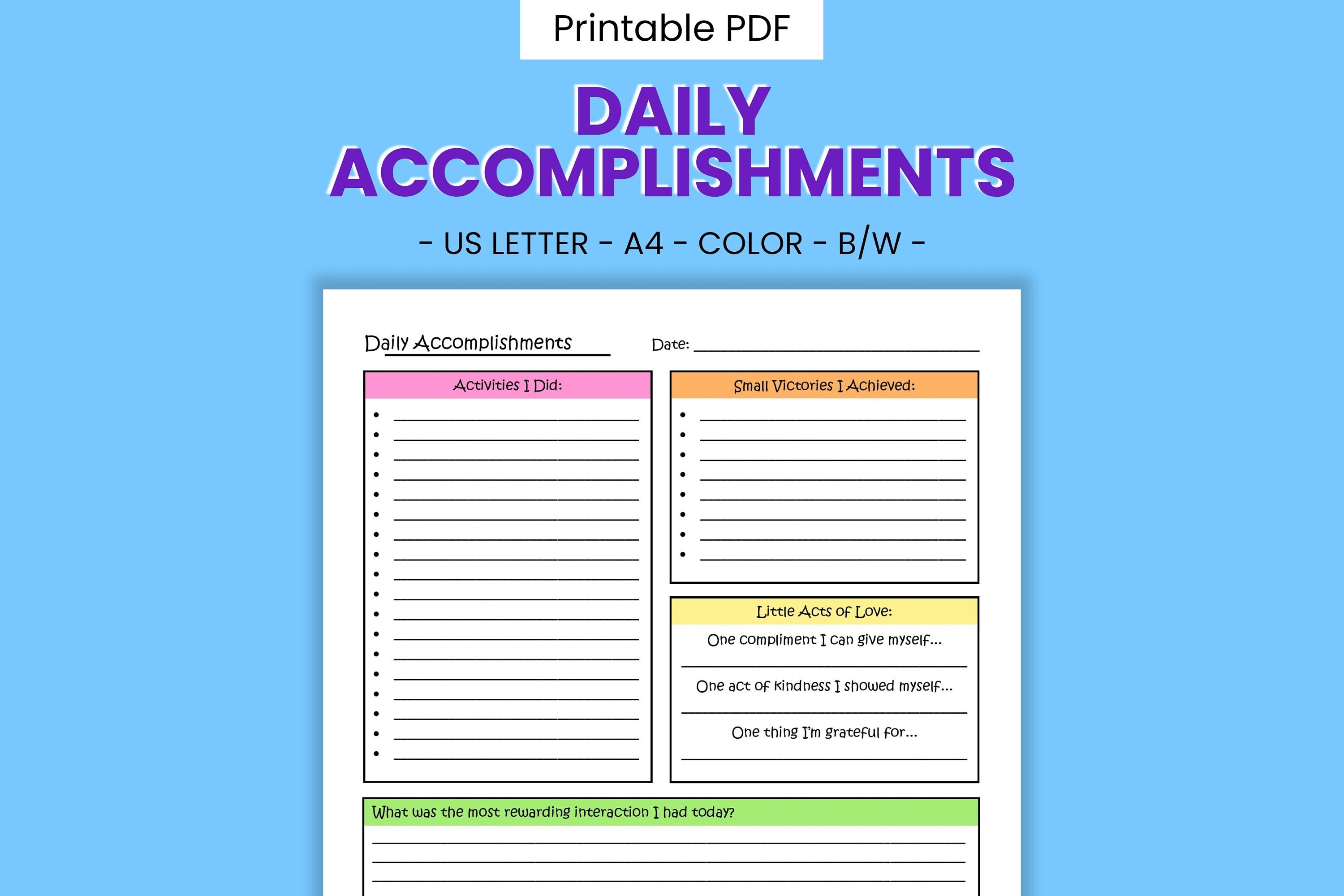 Daily Accomplishments Printable Journal Page - Gratitude Reflections ...