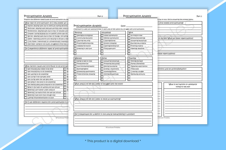 Procrastination Analysis Printable Worksheets - ADHD Behavior ...