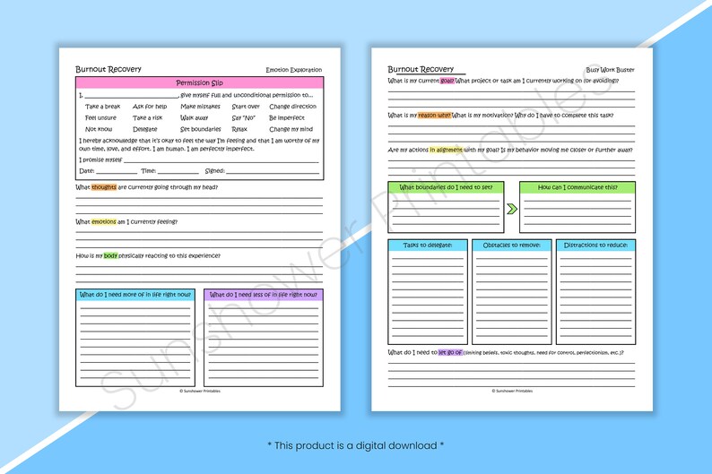 Burnout Recovery Printable Therapy Worksheets Self-help Journal Prompts ...