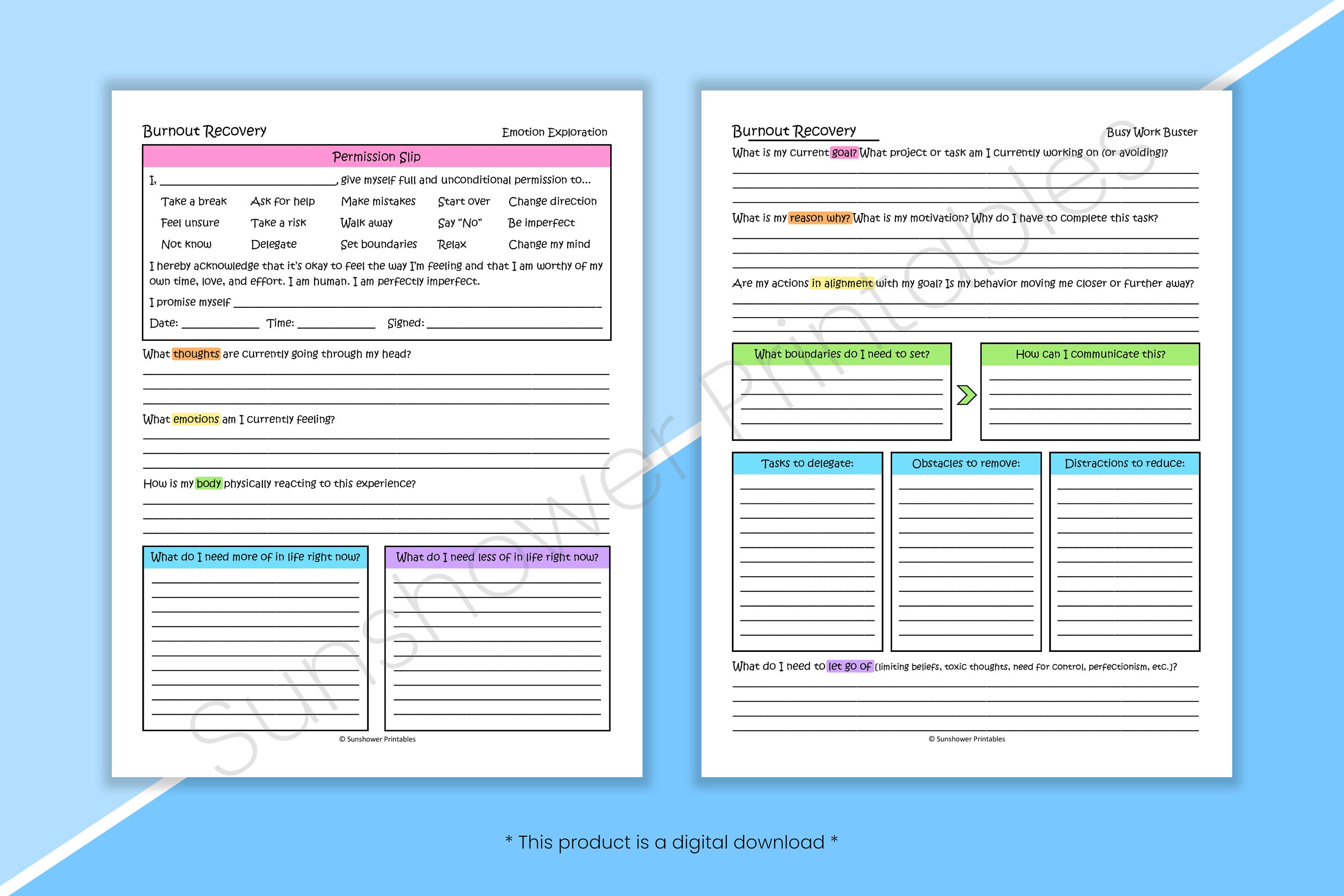 Burnout Recovery Printable Therapy Worksheets - Self-help Journal ...