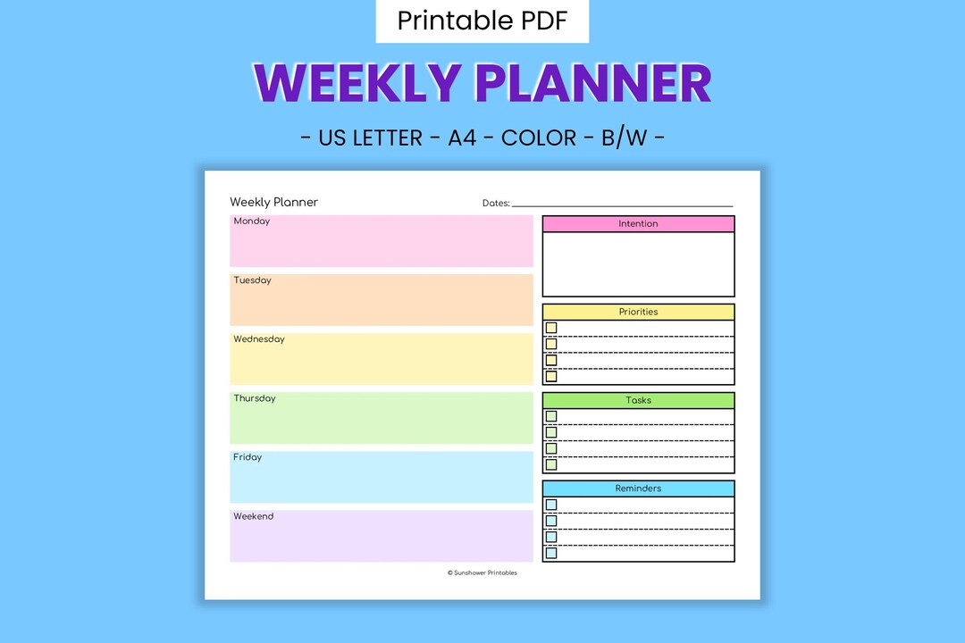 Weekly Planner Printable Agenda - Intention Setting, Health Schedule ...