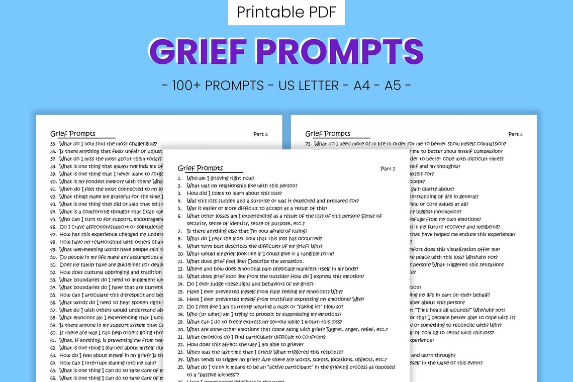 Grief Journal Writing Prompts 100 Printable Questions - Etsy