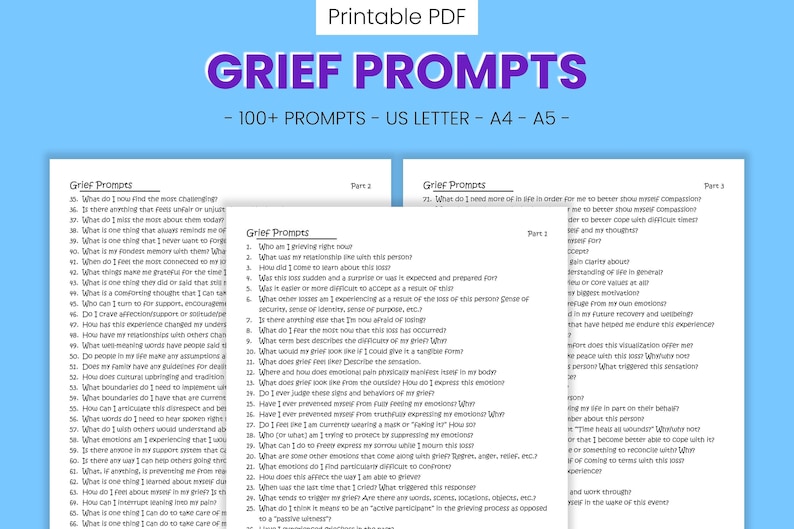 Grief Journal Writing Prompts 100 Printable Questions - Etsy