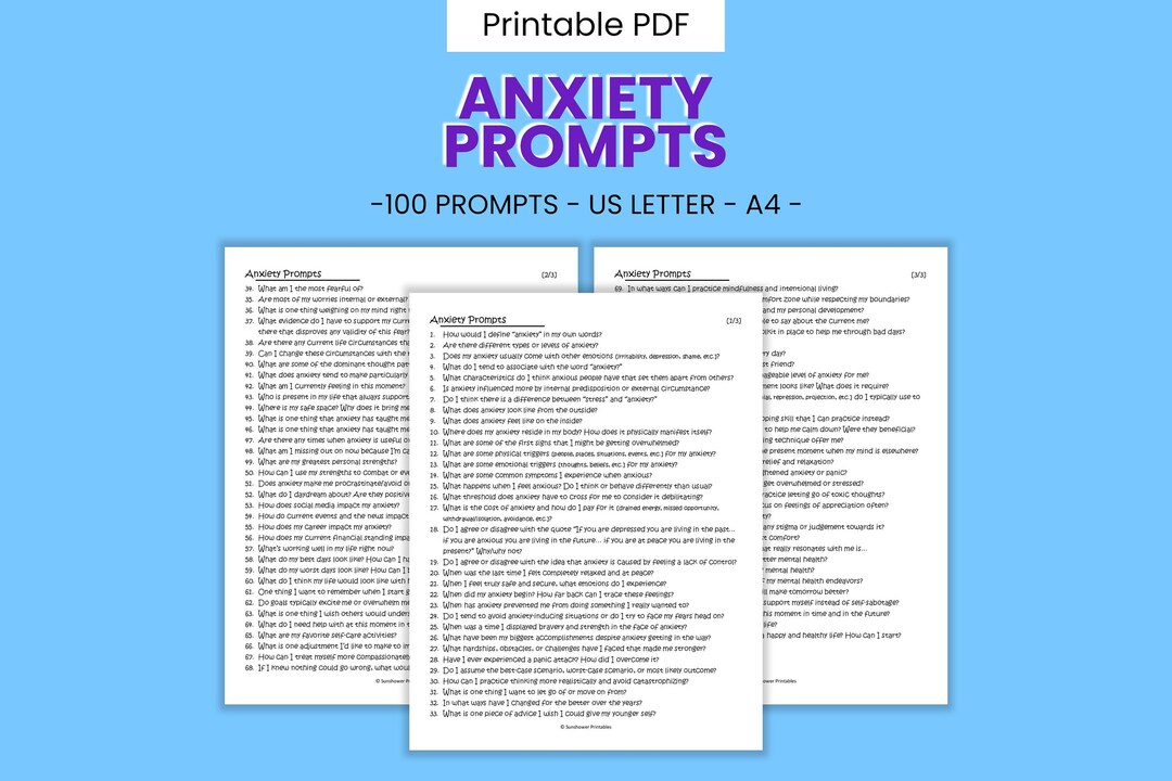 Anxiety Journal Writing Prompts 100 Printable Questions, Panic & Stress ...