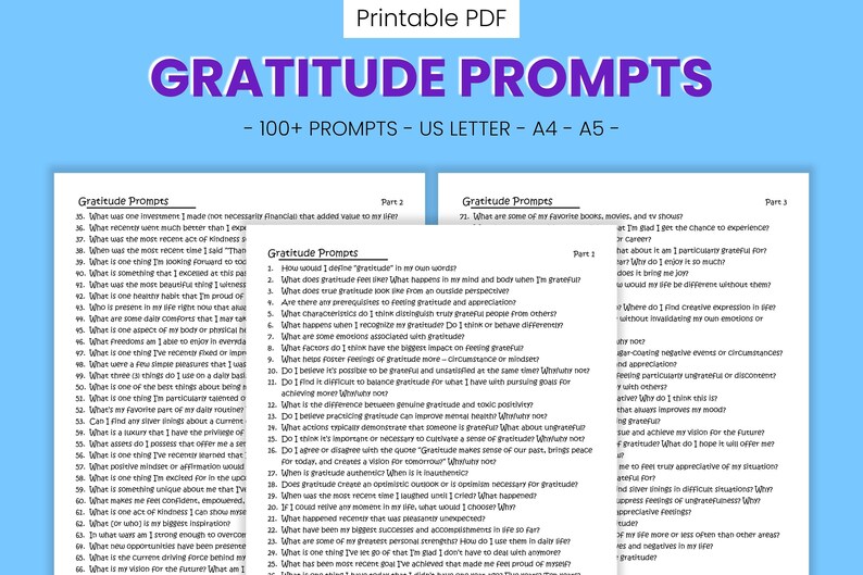 Gratitude Journal Writing Prompts 100 Printable Questions - Etsy