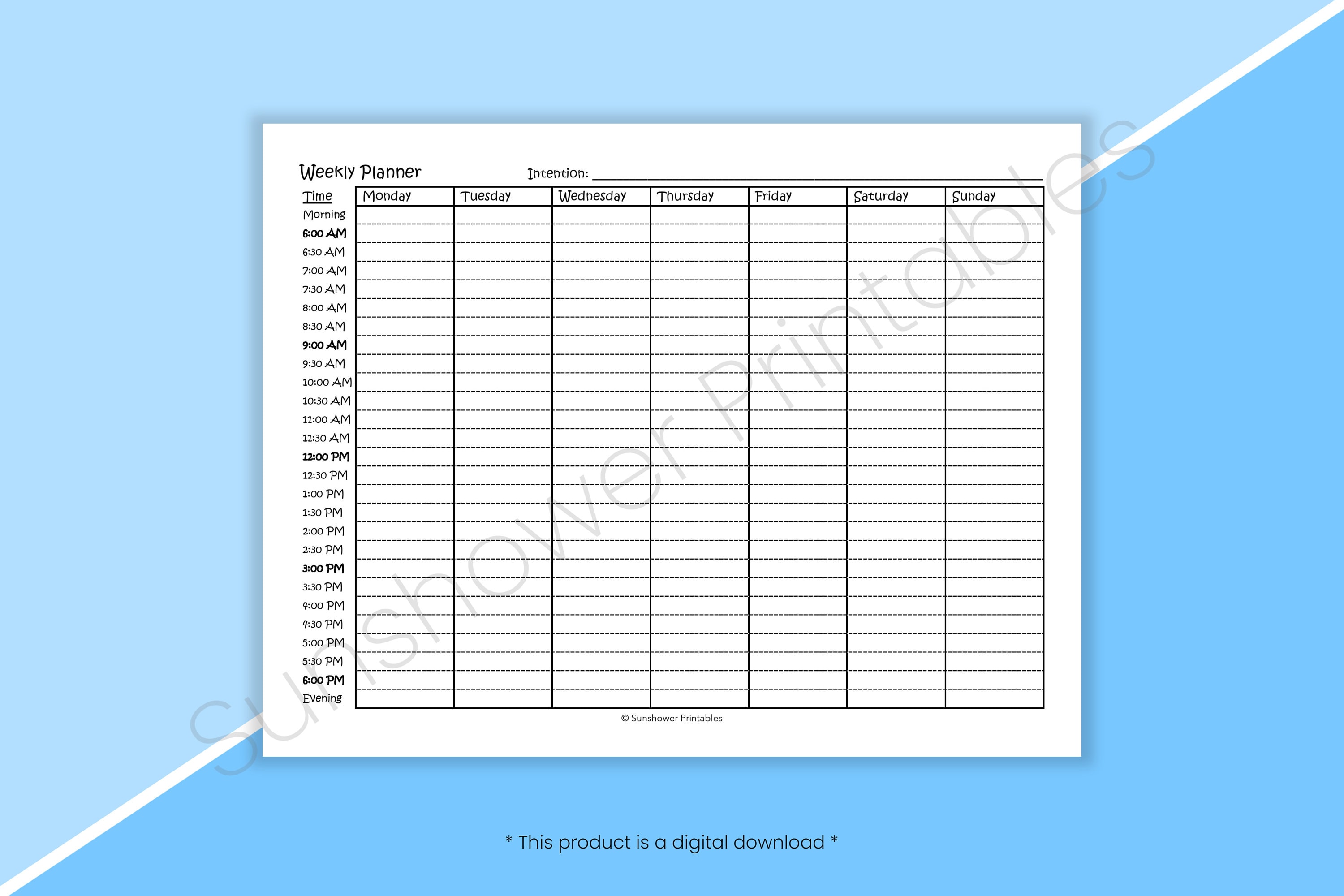 Printable 12-hour Interval Weekly Planner 30 Minute Agenda, Daily ...