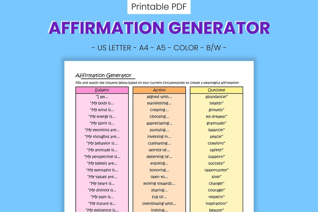 Affirmation Generator Printable Worksheet Positive i - Etsy
