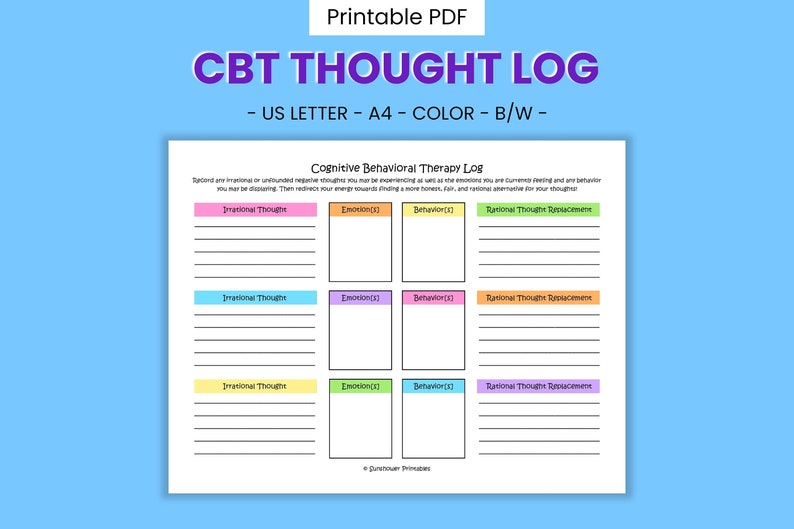 Cognitive Behavior Therapy Thought Log - Printable Emotion Processing ...