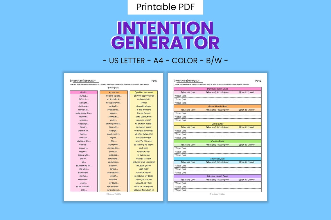 Intention Generator Printable Worksheet Intention Statement Setting ...