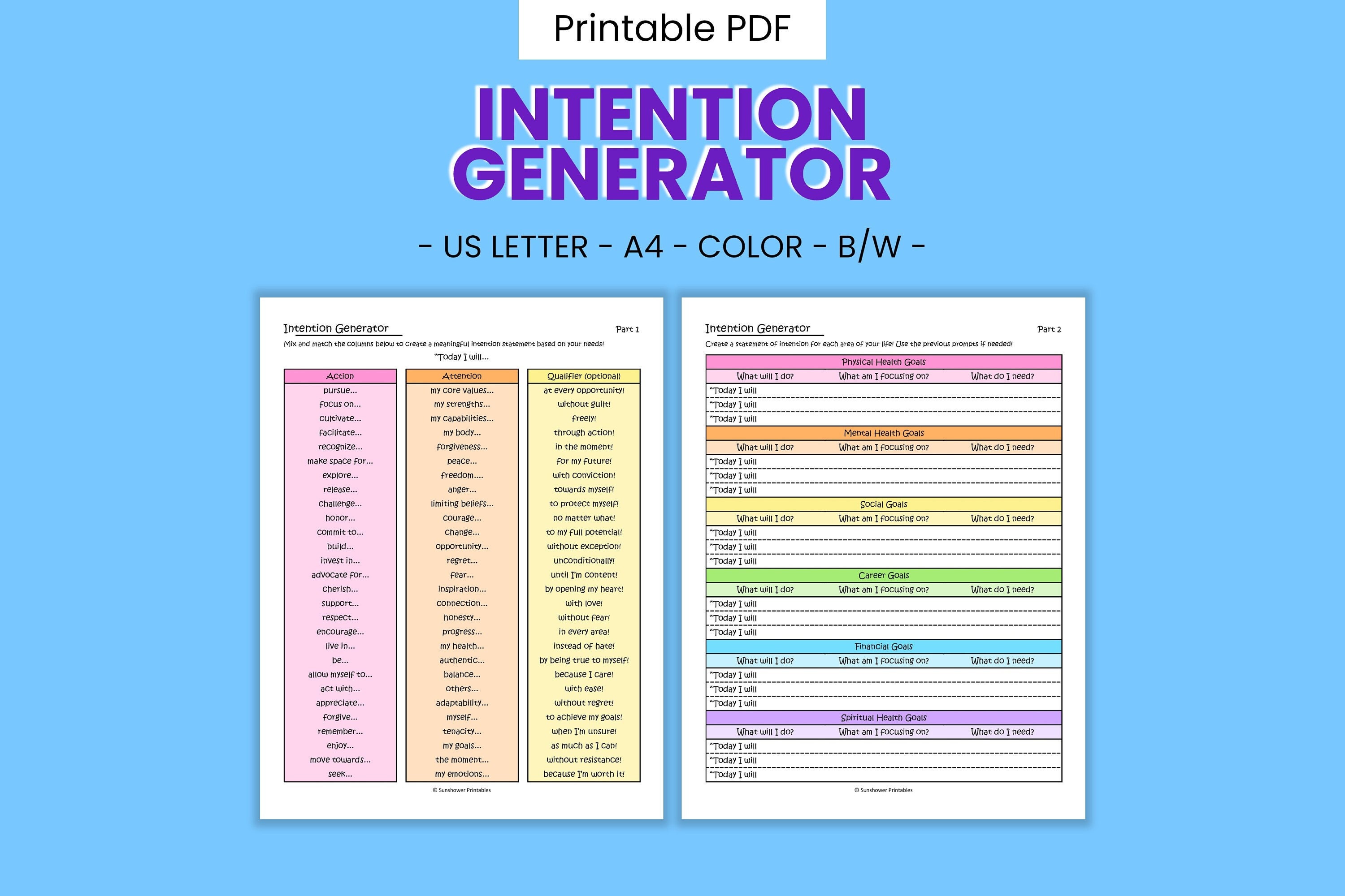 Intention Generator Printable Worksheet Intention Statement Setting ...