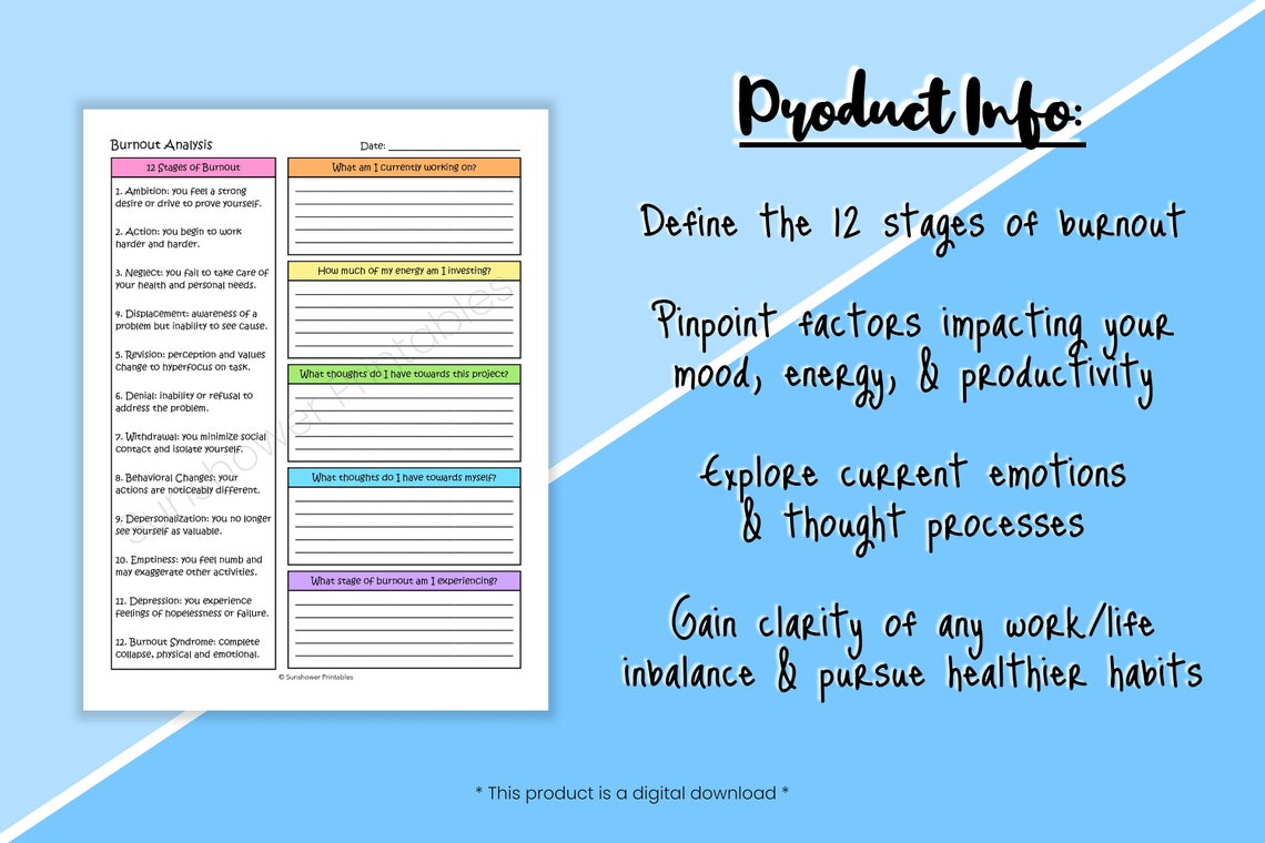 Burnout Analysis Self-help Worksheets Printable Therapy - Etsy