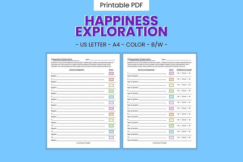 Happiness Exploration Printable Worksheets Self Reflection - Etsy