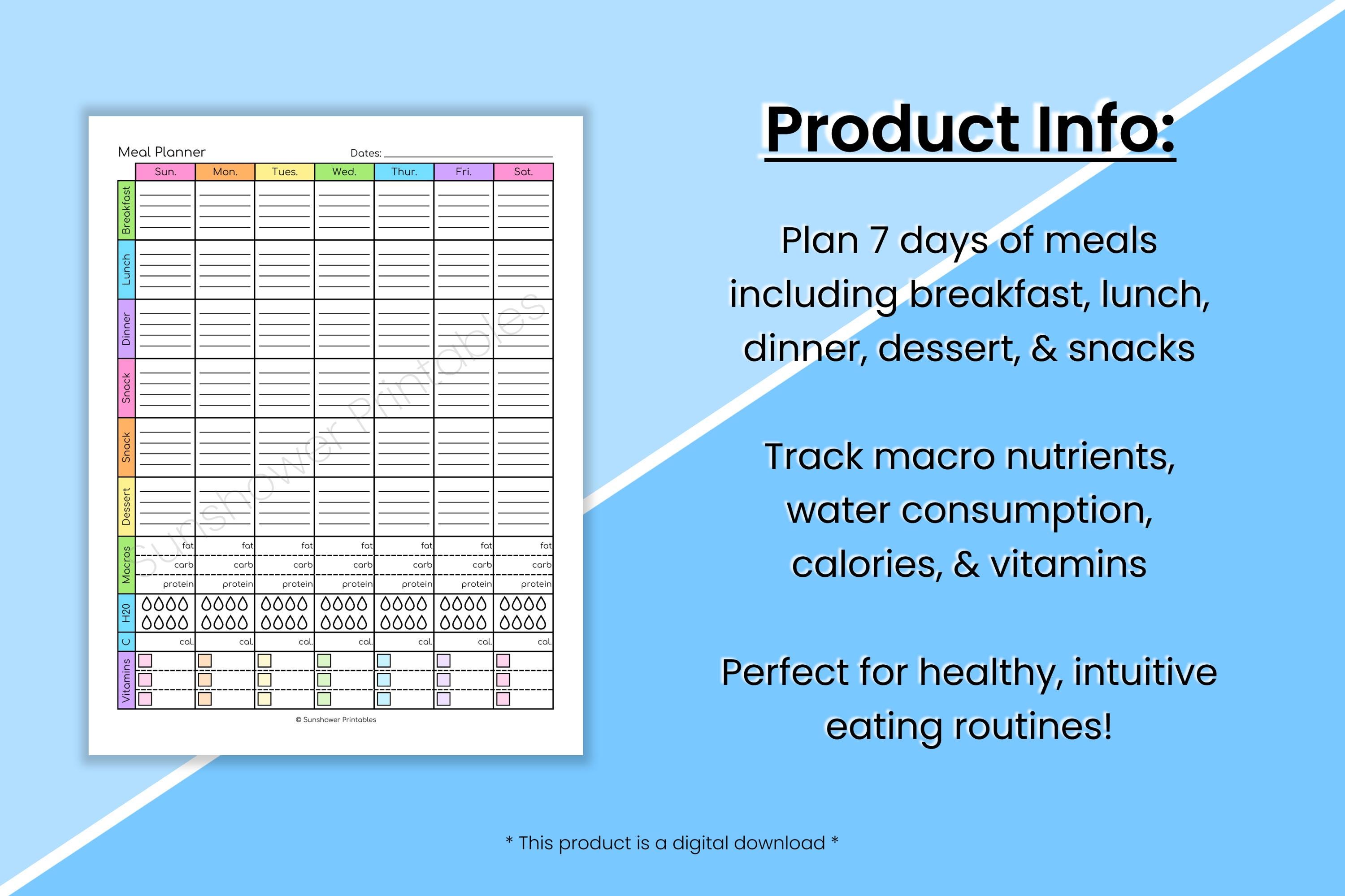 Meal Planner Printable Worksheet - Nutrition Diet Tracker, Food Journal ...