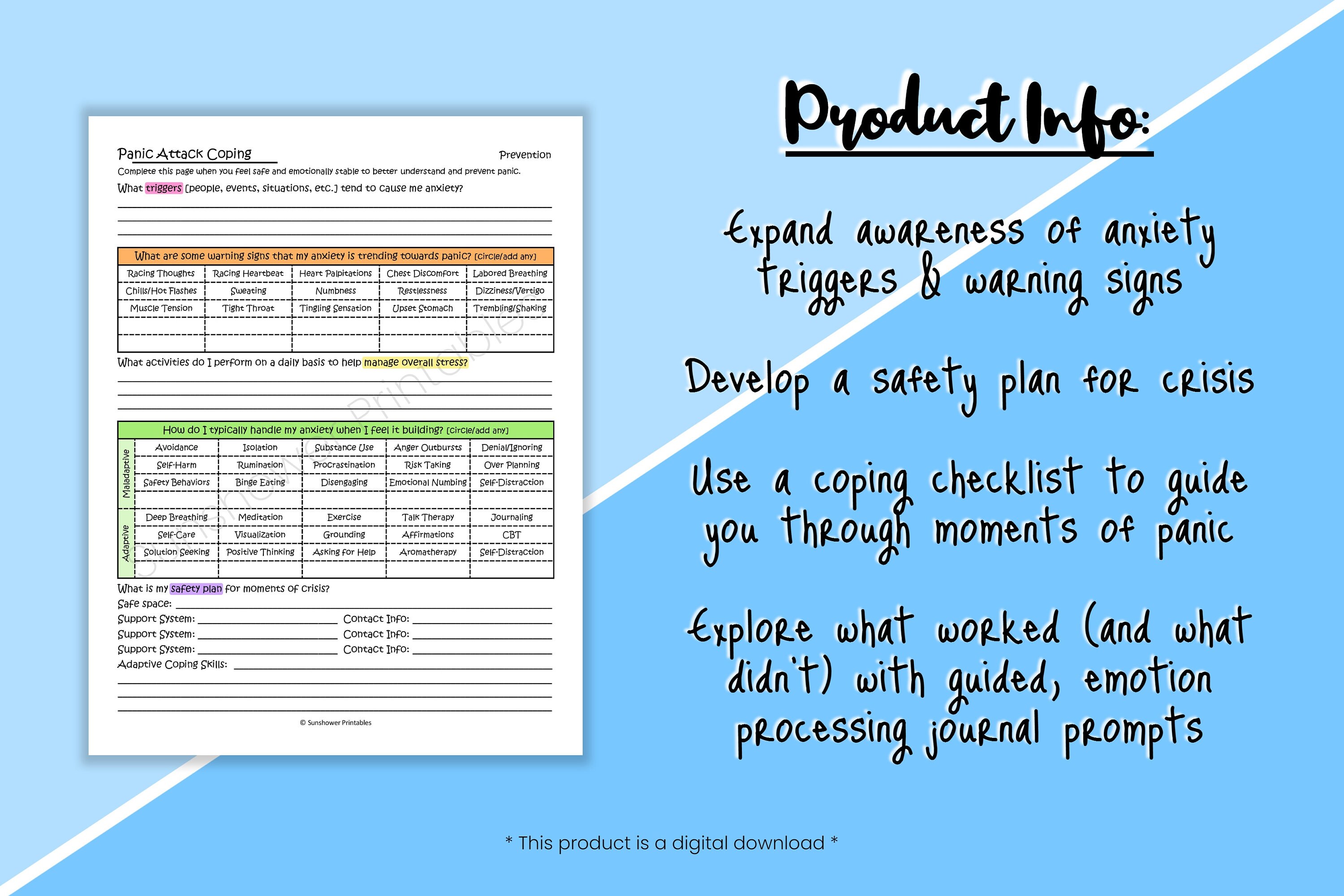 Panic Attack Coping Printable Worksheets Anxiety Disorder & Stress ...