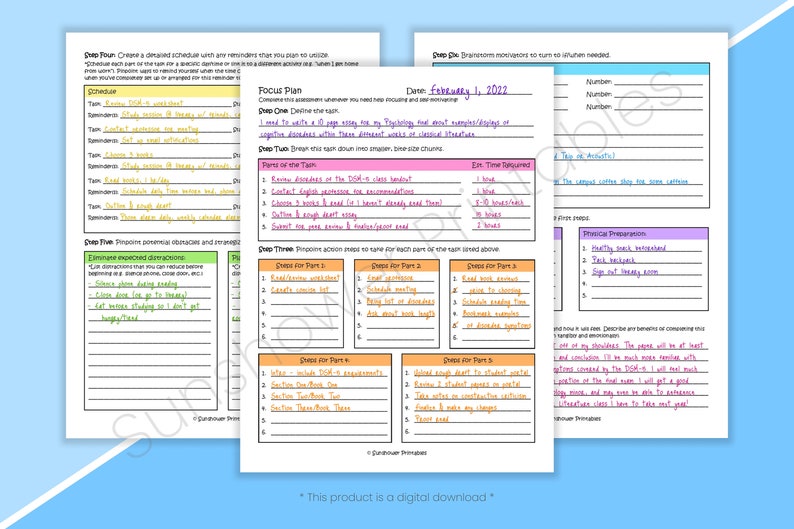 Focus Plan Printable Worksheets Productivity & Time - Etsy