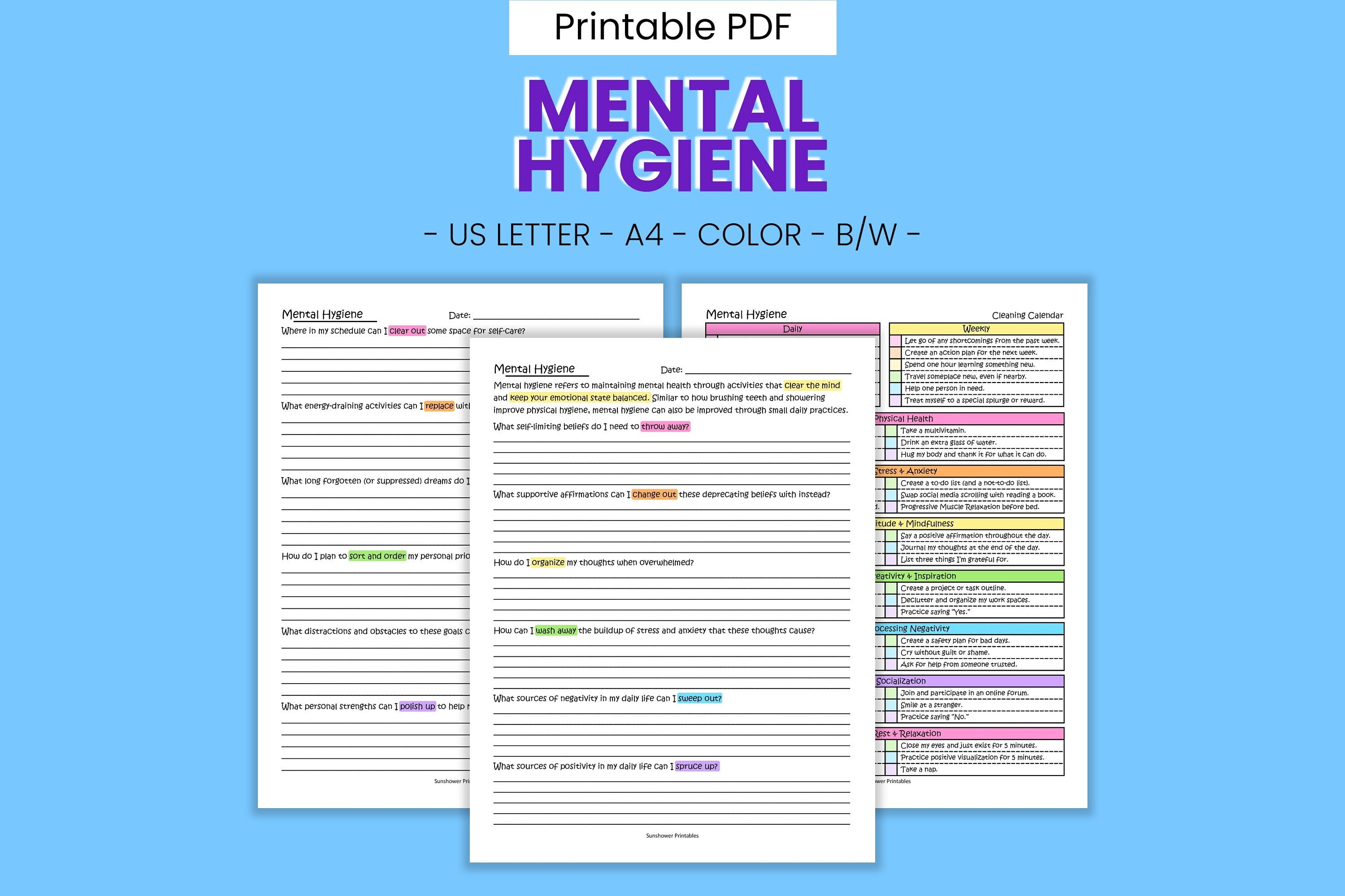 Mental Hygiene Printable Therapy Worksheets Self-care Schedule ...