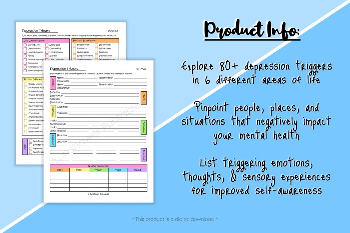 Depression Triggers Printable Checklist Self Awareness Worksheet ...