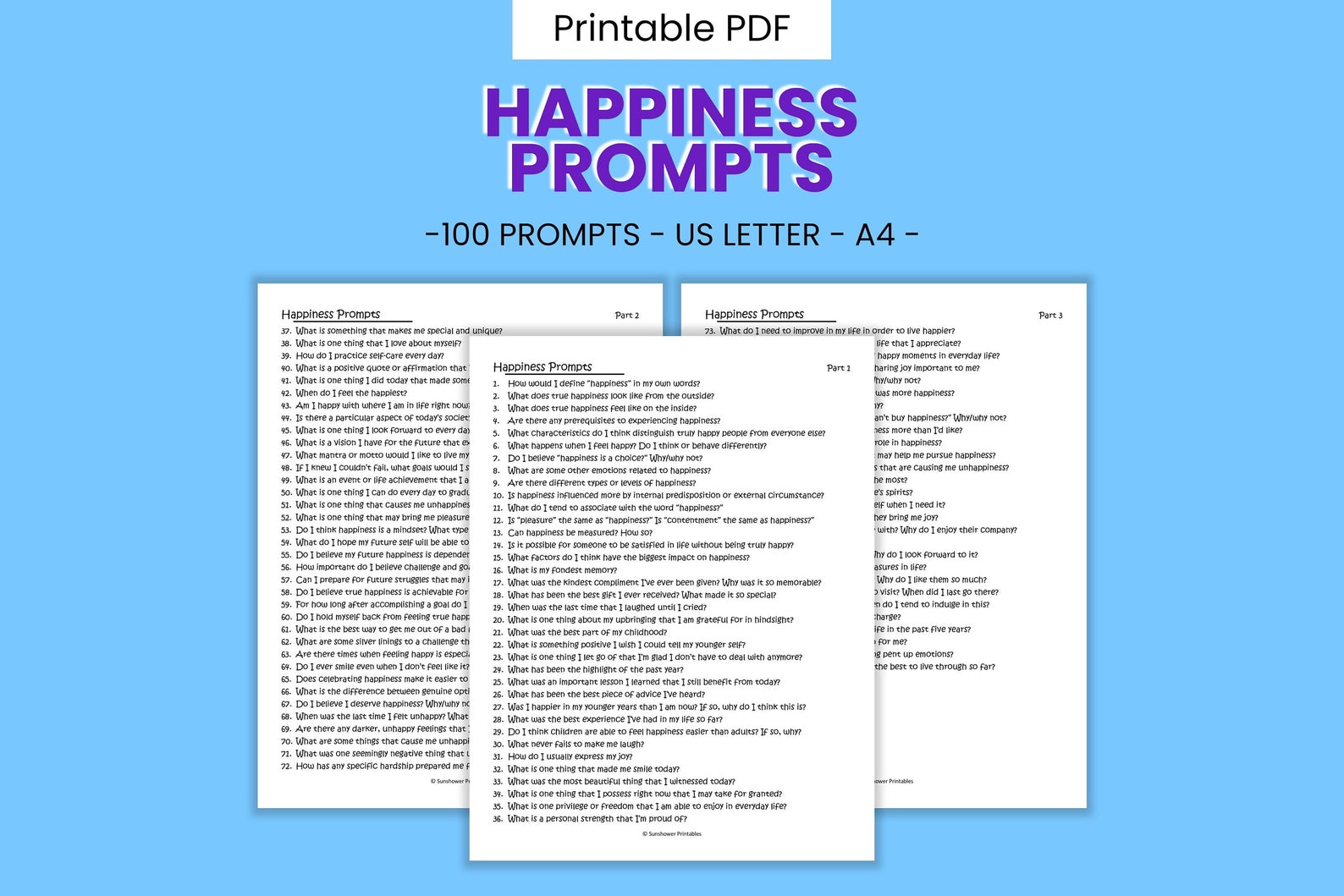 Happiness Journal Writing Prompts 100 Printable Questions - Etsy