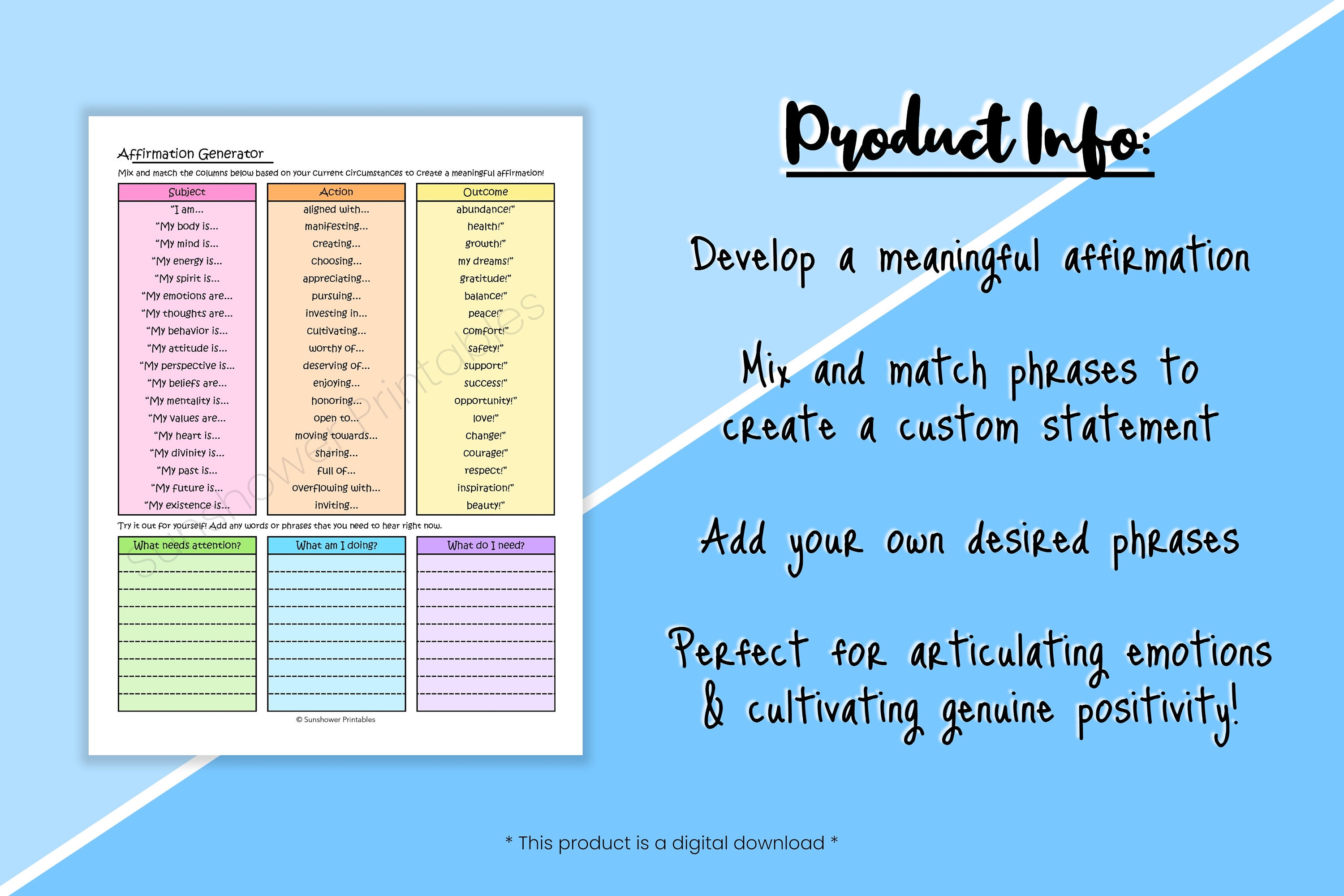 Affirmation Generator Printable Worksheet - Positive "i Am" Statements ...