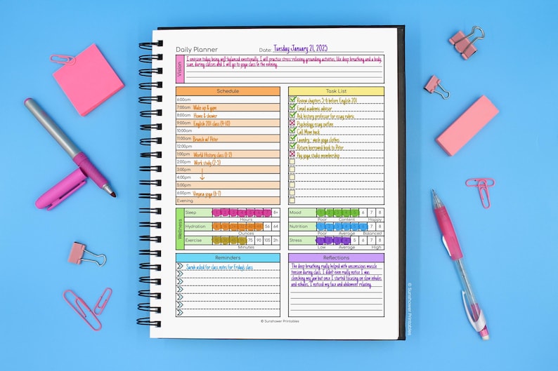 Daily Planner Printable Wellness Schedule - Hourly Organizer, Student Time Management, Task To ...