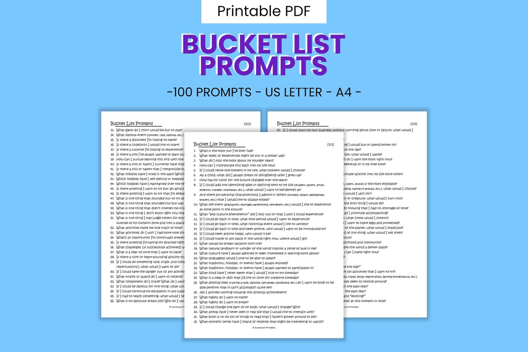 Bucket List Journal Writing Prompts 100 Printable Questions, Manifest ...