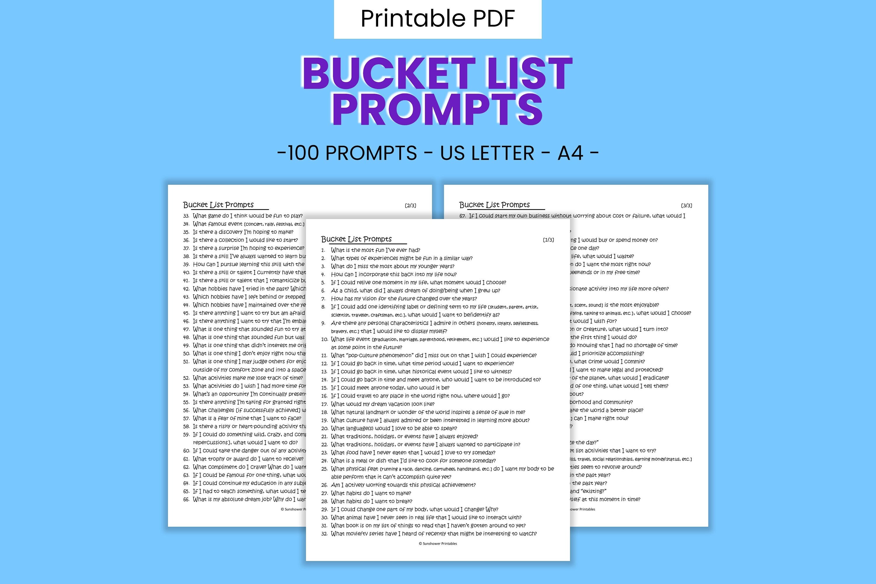 Bucket List Journal Writing Prompts 100 Printable Questions, Manifest ...