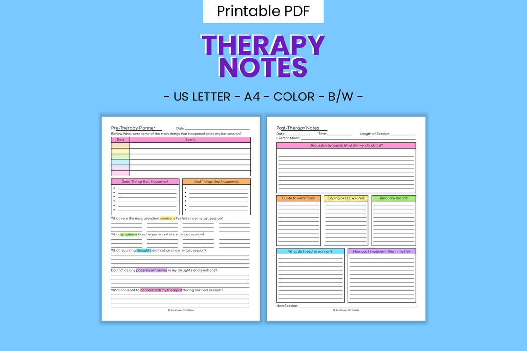 Therapy Note-taking Printable Worksheets - Mental Illness Counseling ...