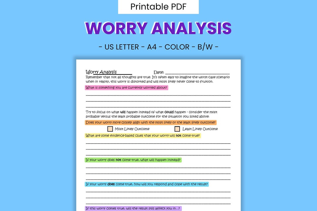 Worry Analysis Stress Journal Page Printable Self Evaluation, Anxiety ...