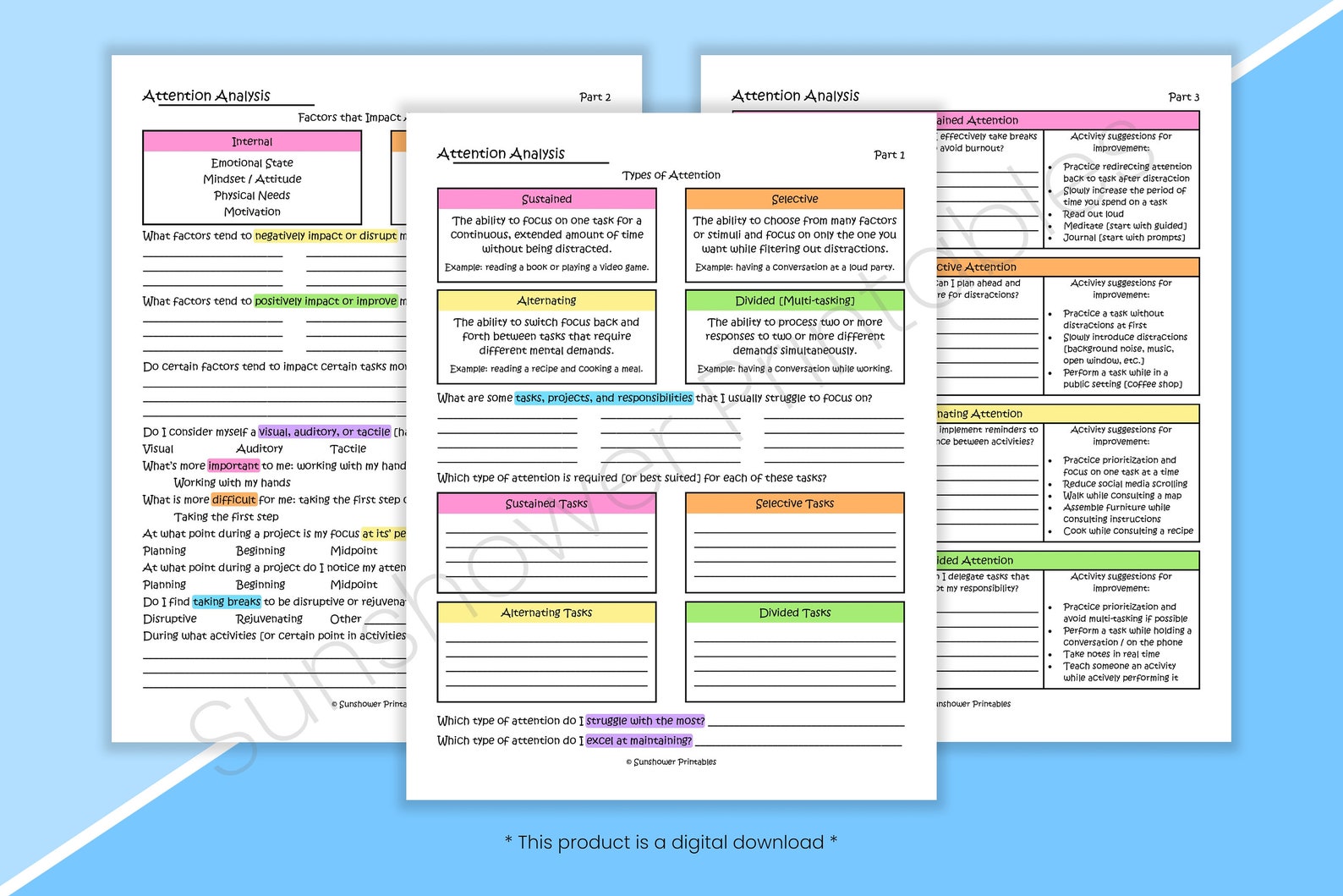 Attention Analysis Printable Focus Worksheets Productivity - Etsy